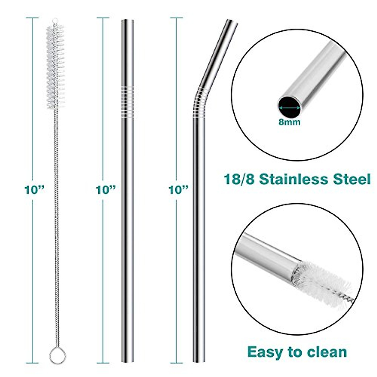 Reusable Smoothie Straws and Milkshake Straws with Silicone Tips , 9mm/0.35" Stainless Steel Wide Straws, Hiware 6 Pack 10" Metal Straws for Smoothies, Milkshakes, Jumbo Drinks with 2 Cleaning Brushes