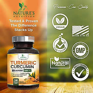 Turmeric Curcumin Supplement with BioPerine 95% Curcuminoids 2600mg with Black Pepper for Best Absorption, Bottled in USA, Best Natural Vegan Joint Support, Nature's Tumeric Capsules - 240 Capsules