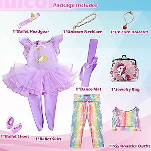 2-Sets 18-inch Doll-Clothes Accessories Ballet Dance Outfit Set with Shoes, Yoga Mat, Bracelet, Necklace, Bag-Compatible with American 18 inch Dolls -Purple