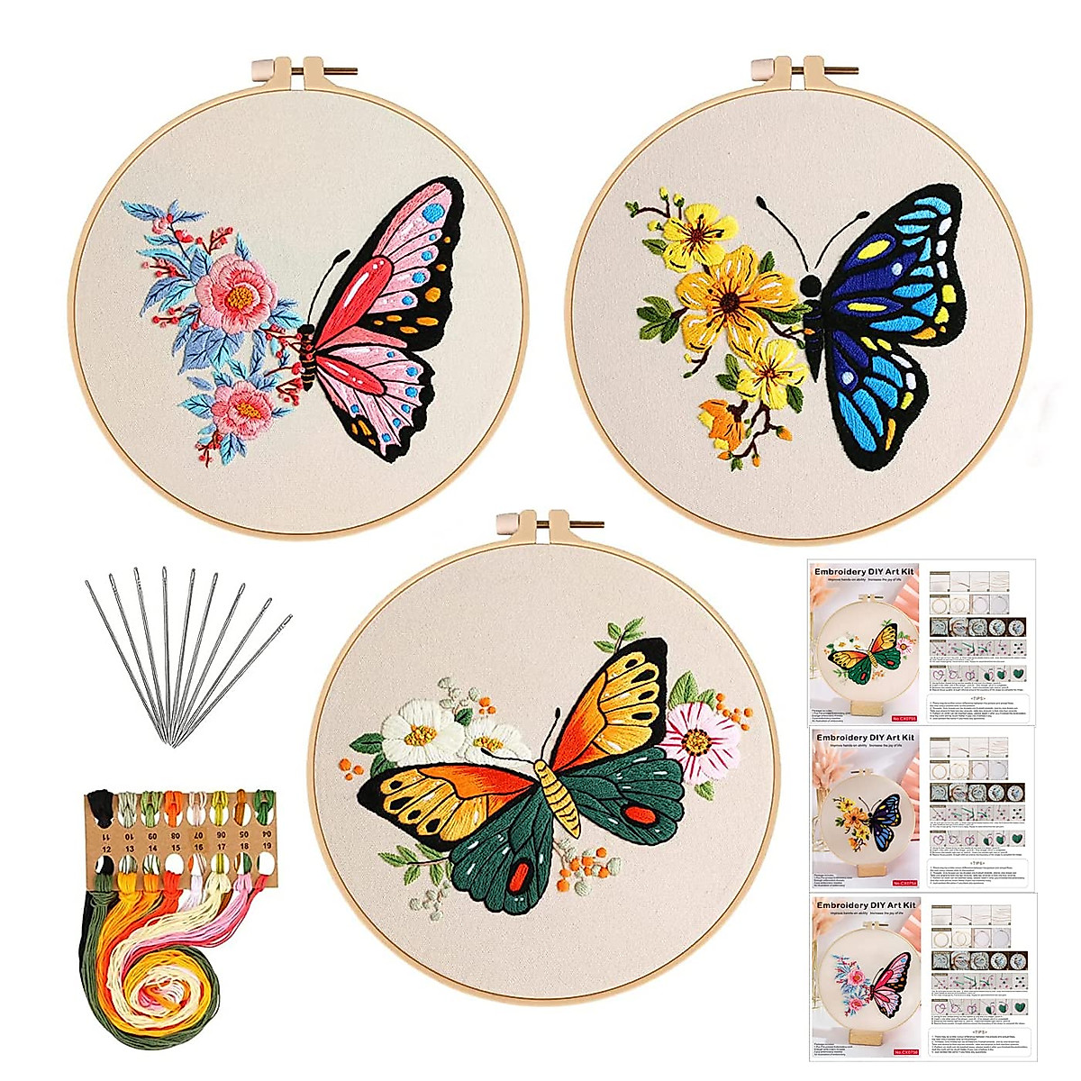 GLTAYLMY 3 Pack Embroidery Kits with Butterfly Pattern for Beginner Adults,Cross Stitch Kits with 1 Plastic Embroidery Hoops,Needles and Color Threads,Needlepoint Kit for Adults