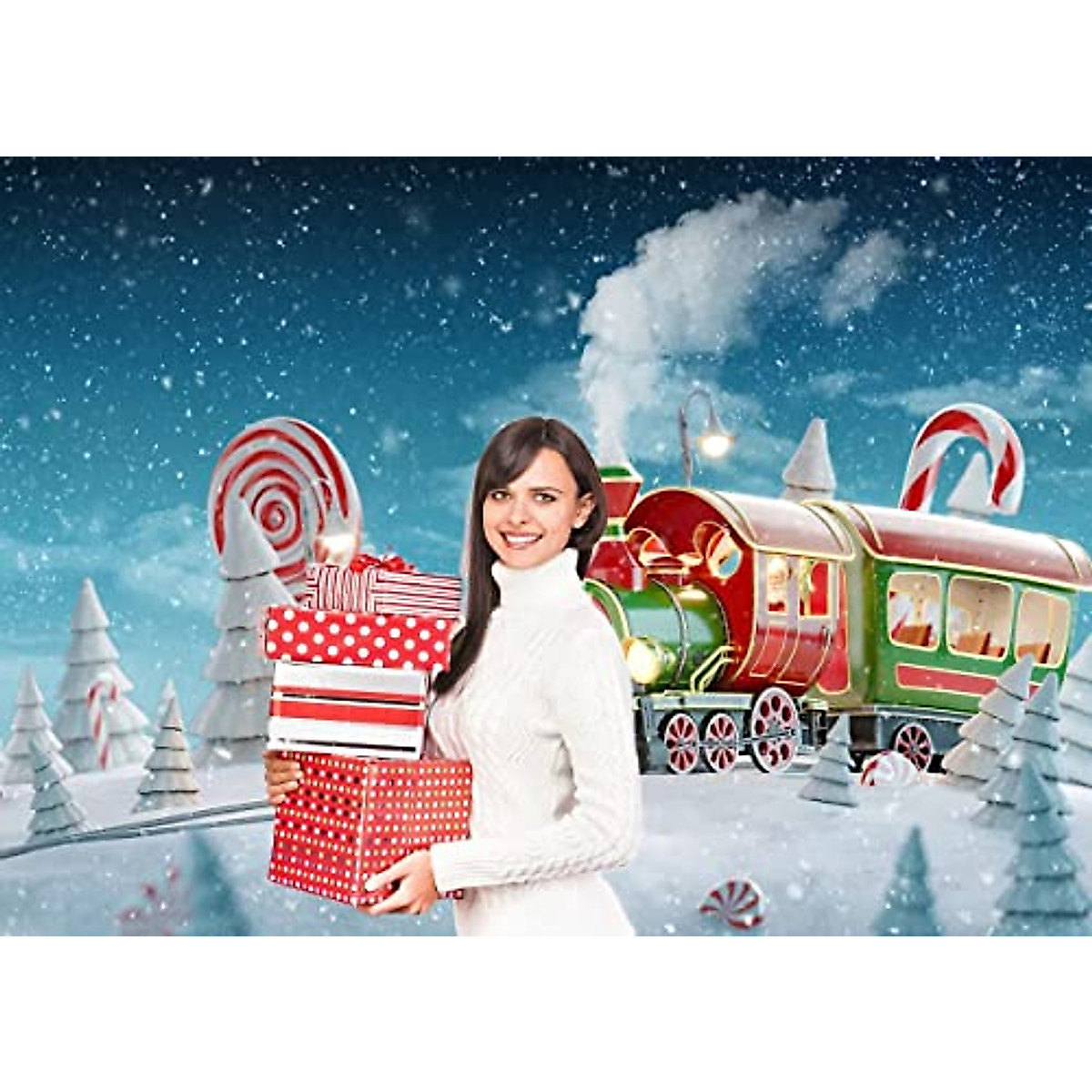 LYWYGG 7x5ft Christmas Backdrop Winter Snowy Christmas Backdrop Christmas Red Candy Train Backdrop New Year Wallpaper Family Party Decor Holiday Party Party Atmosphere Background CP-305