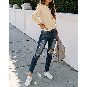 Sherosa Cute Tops for Women Trendy Fall Crew Neck Long Sleeve T Shirts Casual Tees Cream,XL