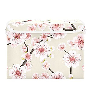 Kigai Pink Spring Cherry Blossoms Storage Bin, Storage Baskets with Lids Large Organizer Collapsible Storage Bins Cube for Bedroom, Shelves, Closet, Home, Office 16.5 X 12.6 X 11.8 Inch