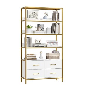 HITHOS 5 Tier Bookshelf with Drawers, 71" Tall Bookcase with Shelves, 35.4" Wide Free Standing Book Storage Shelf, Modern Wood Display Cabinet for Living Room, Study, Home Office, White Gold