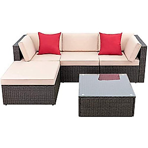 Devoko 5 Pieces Patio Furniture Sets All Weather Outdoor Sectional Patio Sofa Manual Weaving Wicker Rattan Patio Seating Sofas with Cushion and Glass Table(Beige)