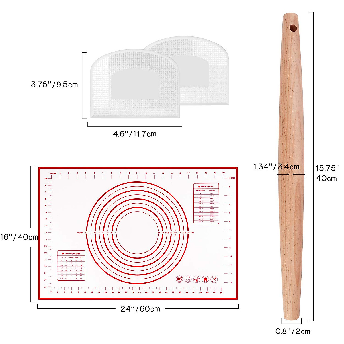 Mixoo Silicone Baking Mat with Wooden Rolling Pin Set - Non-Stick Food Safe Dough Rolling Pastry Mat with a French Rolling Pin and 2 Dough Scrapers for Baking, Fondant, Pie Crust, Pizza, Bread, Cookie