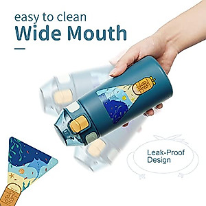 Kids Water Bottle 16 oz Stainless Steel 18/10 Vacuum Insulated Water Bottle Wide Mouth Flask with Leak proof Straw Lid for School Blue