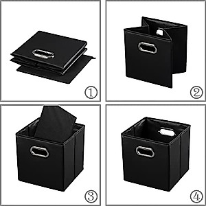 PRANDOM Leather Foldable Cube Storage Bins 11x11 inch [4-Pack] Fabric Storage Baskets Cubes Drawer with Cotton Handles Organizer for Shelves Toy Nursery Closet Bedroom Clothes Black