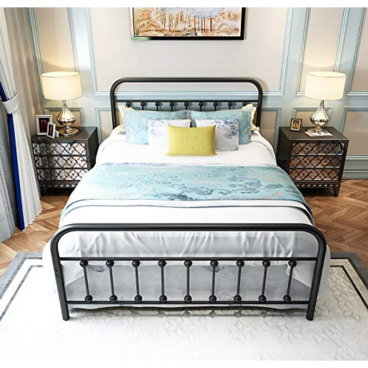 NEEBIRGELIA Black Metal Bed Frame Queen Size with Headboard and Footboard Single Platform Mattress Base,Metal Tube and Iron-Art Bed（Queen,Black）