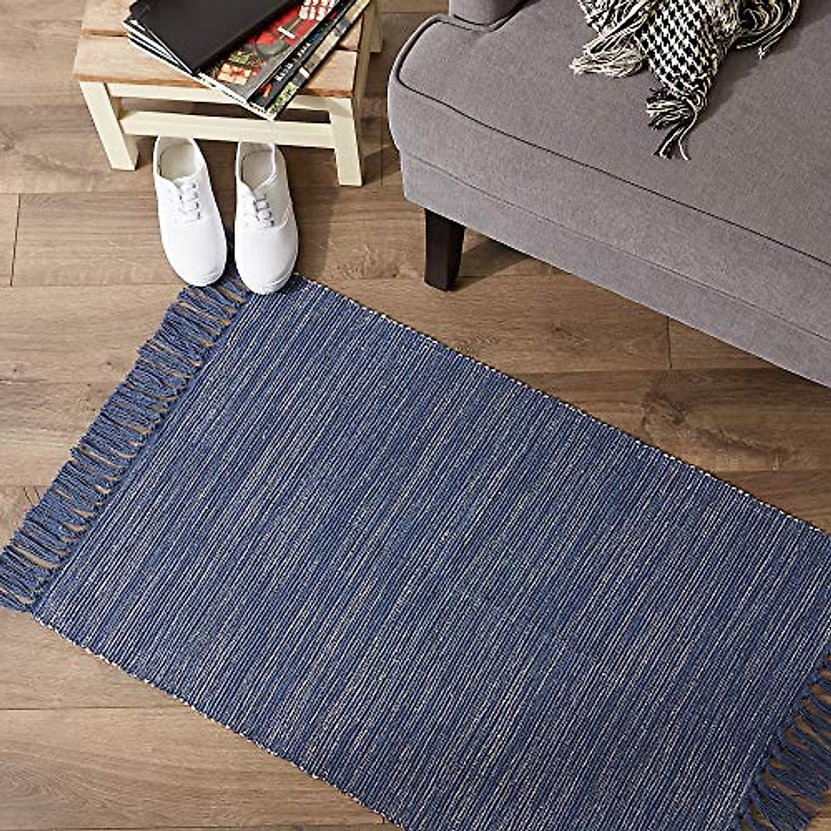 DII Woven Rugs Collection Ribbed Reversible Cotton, 2x3', French Blue & Off-White