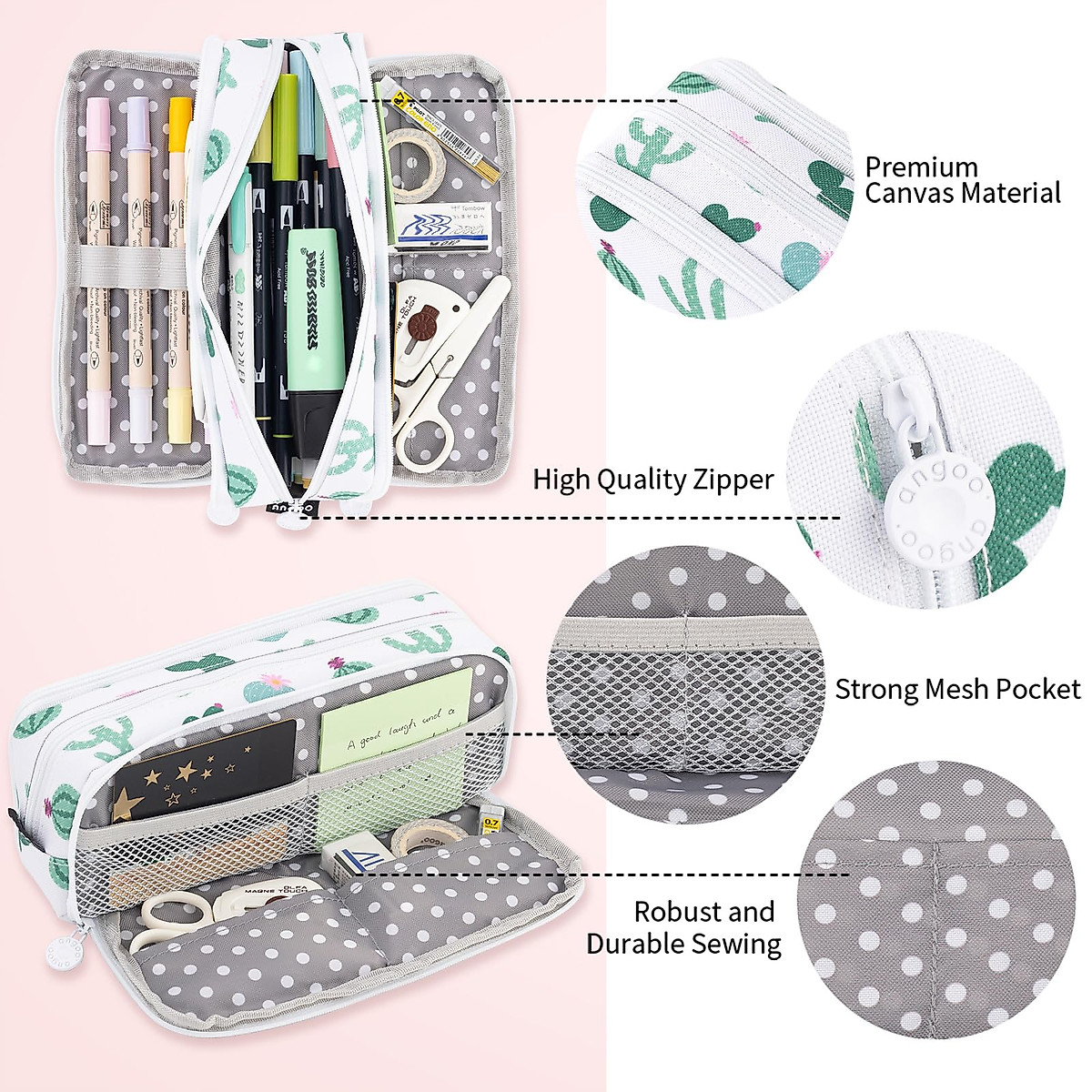 ANGOOBABY Large Pencil Case Big Capacity 3 Compartments Canvas Pencil Pouch for Teen Boys Girls School Students (Green Cactus)