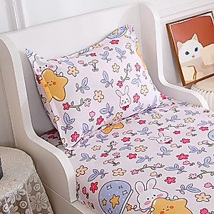 KWLOVER 2PC Soft Cute Bed Fitted Sheet and Pillowcase Set,Rabbit Stars Printed Sheets for Kids Twin Size Bed