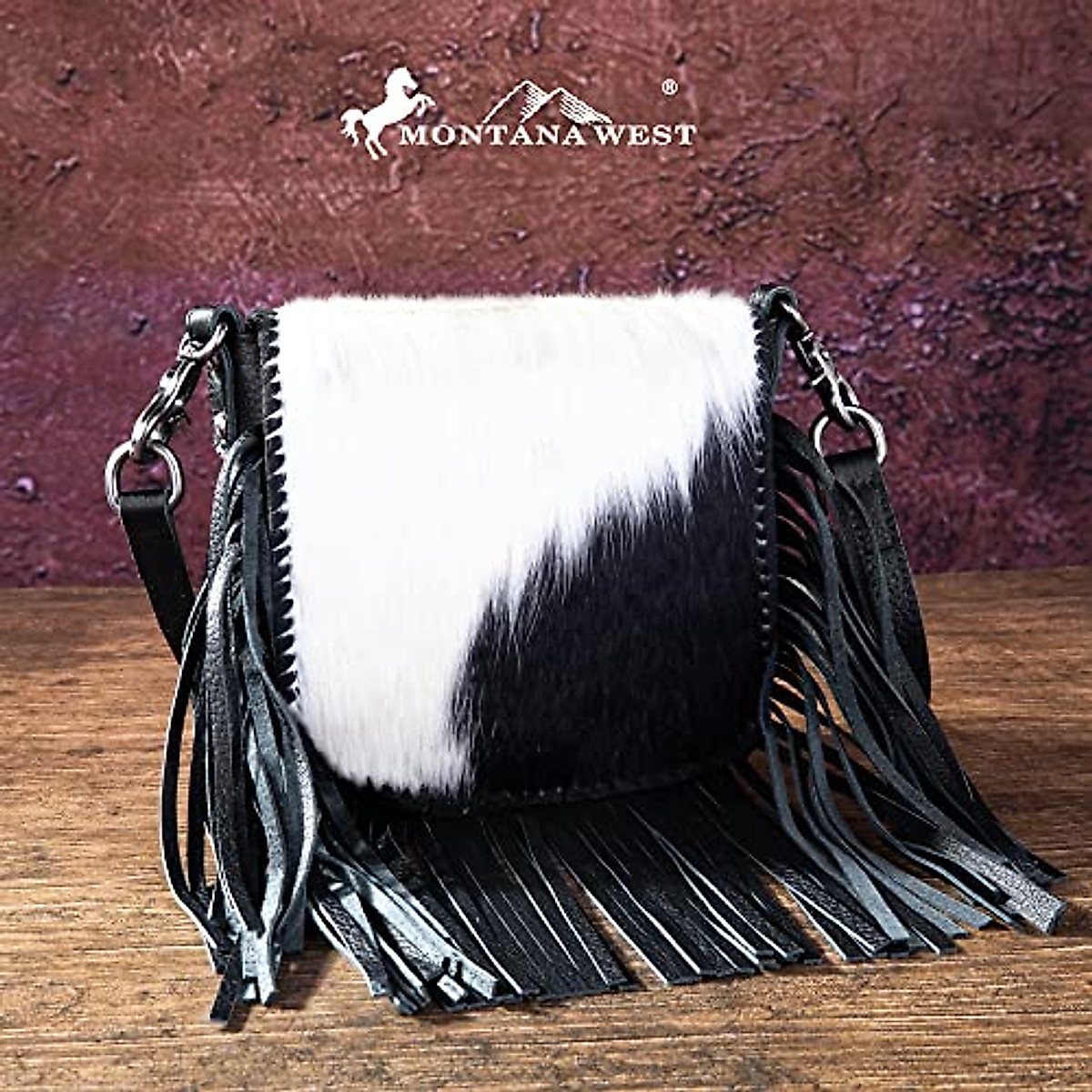 Cowhide Purse Fringe Western Purses for Women Small Crossbody Bags Wallet Leather Shoulder Cross Body Bag Messenger Bag for Women Crossbody Purse Black RLC-L161BK