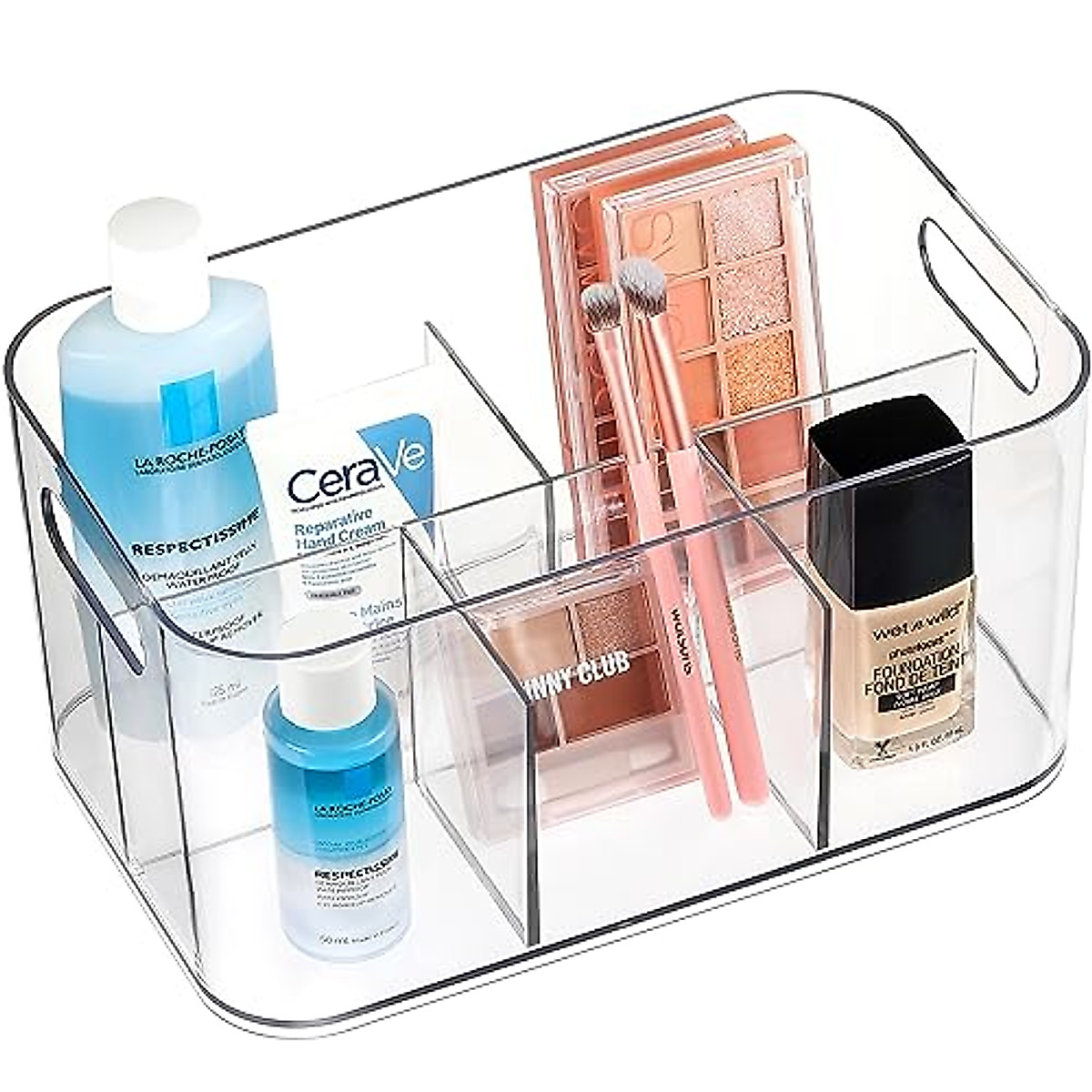 5-Compartment Clear Plastic Bin - Divided Cosmetic Makeup Caddy Organizer - Multiuse Storage Container for Vanity, Bathroom, Kitchen, Pantry, Office, Craft, Utensil, Shower, Cleaning Items, (1 Pack)