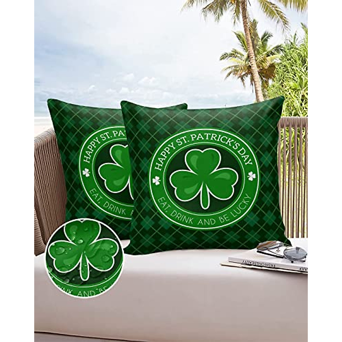 Outdoor Pillow Covers Waterproof, Round Green Lucky Clover Throw Pillowcase Decorative Cover, Saint Patrick Checker Backdrop Garden Cushion Case Set of 2 for Sofa, Couch, Tent, Patio 18"x18"