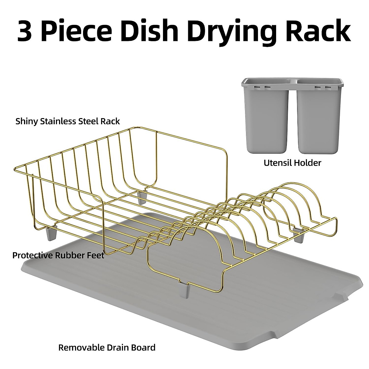 Buruis Dish Drying Rack, Gold Dish Drainer with Anti-Slip Rubber Feet Organizer includes Removable Drain Board and Utensil Holder, Large Capacity Stainless Steel Dish Racks for Kitchen (Gray)