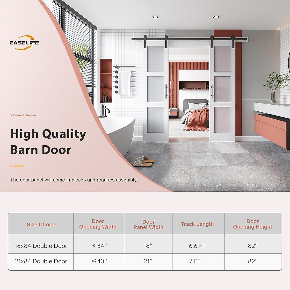 EaseLife 42in x 84in (Double 21in×84in Door) Glass Barn Door with 7FT Sliding Double Door Hardware Kit Included & Handle,Solid MDF Inside Covered with Water-Proof PVC Surface,3-Panel Glass,White