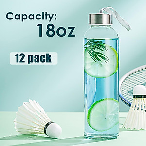 wookgreat Glass Water Bottles, 12 pcs 18 oz Glass Bottles, Reusable Sports Water Bottle with Stainless Steel Lids and Carrying Straps, BPA Free, Leak-proof Water Bottles for Travel, Gym, Office