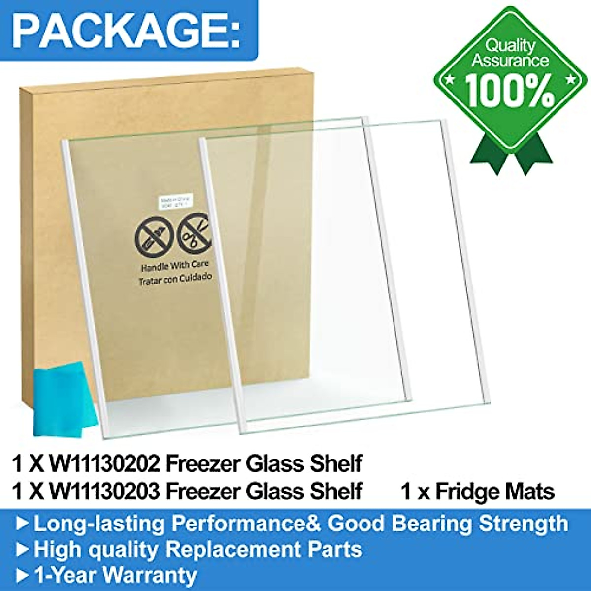 UPGRADED W11130202 Freezer Glass Shelf & W11130203 Freezer Shelf Replacement Compatible with Whirlpool Refrigerator Freezer Shelf Replacement,Fridge Tempered Glass Freezer Shelf,WRS571CIHZ Glass Shelf