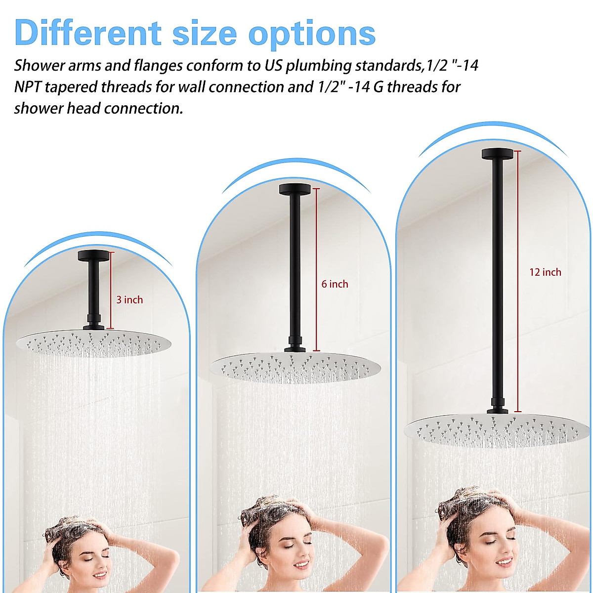 Enoughmen Ceiling Mount Shower Arm with Flange for Rain Shower Head,Stainless Steel Straight Arm for Fixed Shower Head,3 Inch Matte Black