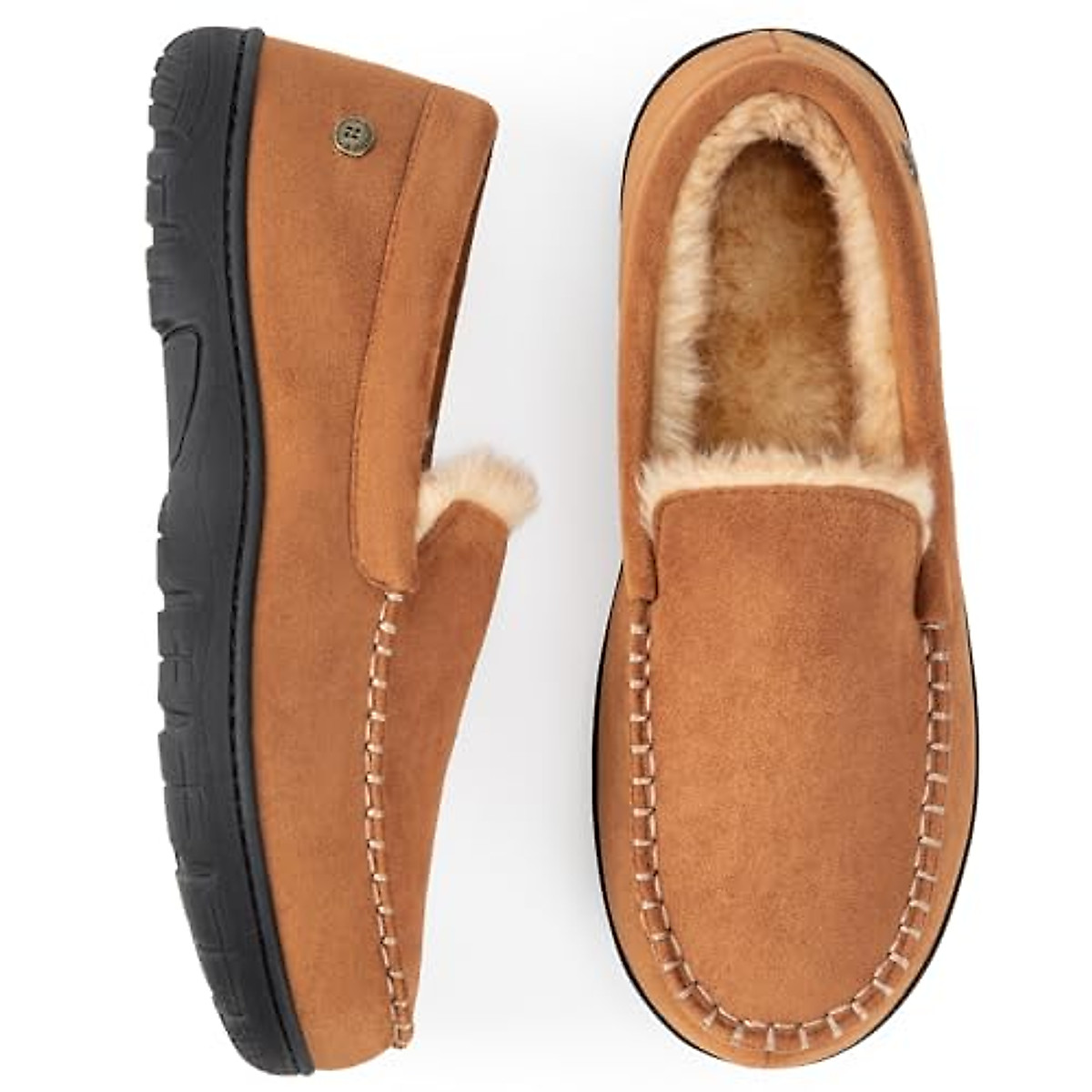 HomeTop Men's Classic Memory Foam Moccasin Slippers, Warm Comfy Microsuede House Shoes for Indoor Outdoor Chestnut, 11 US