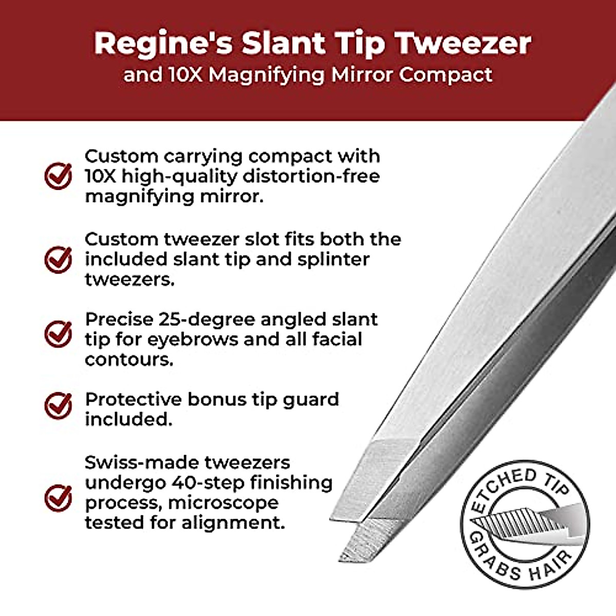 Regine Switzerland Slant Tweezers & Compact Case with 10X Magnifying Mirror Set - Precision Stainless Steel Tweezers for Ingrown Hair, Facial & Grooming - Travel Set with Hard Case for Men Women - 2Pc