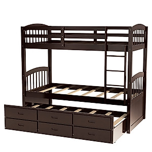 Harper & Bright Designs Twin Over Twin Bunk Bed with Trundle and Storage Drawers Wood Bunk Beds Frame for Kids Girls Boys Teens, Espresso