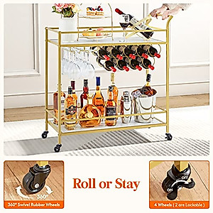 Lifewit Bar Cart, Home Bar Serving Cart, 2 Tier Drink Cart with 9 Wine Bottle Racks, Liquor Beverage Cart for Kitchen Dining Living Room Outdoor, 31.5" x 13" x 34.6", Gold