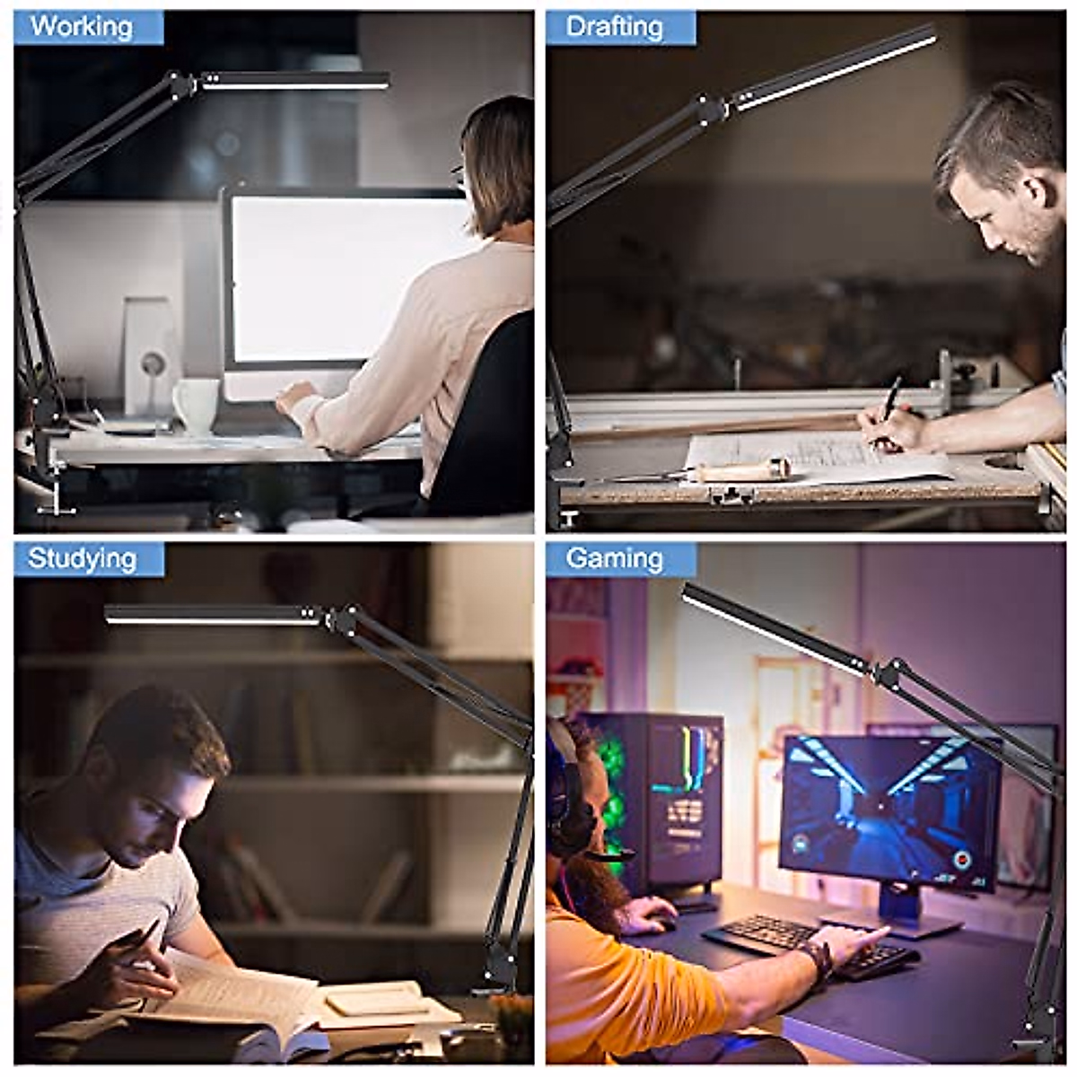 LED Desk Lamp,Adjustable Swing Arm Desk Lamp with Clamp,Dimmable Desk Light Eye-Care Table Light, Memory Function, 3 Color Modes, 10-Level Brightness Table Lamp for Home, Office, Study, Reading