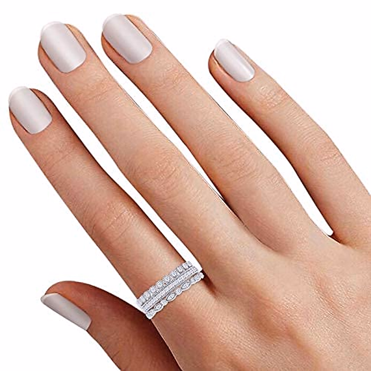 AFFY Womens Anniversary Eternity Bands 3 Stackable Rings Cubic Zirconia Engagement Bridal Milgrain Marquise Infinity Ring 14K White Gold Plated 925 Sterling Silver Ring Sets Size-8.5