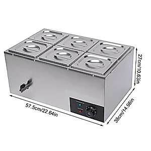 110V Commercial Food Warmer, 6-Pan Stainless Steel 19.2 Qt Capacity, 600W Steam Table 15cm/6inch Deep,Temp. Control 86-185, Electric Soup Warmer w/Lids