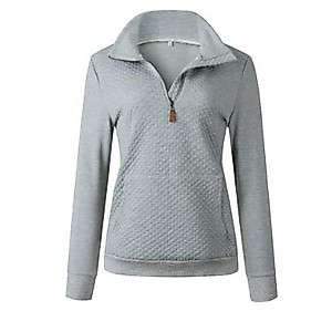 Women's Fashion Quilted Pattern Long Sleeve Casual Zipper Sweatshirt Solid Color Pullover Shirt Top.JNINTH Light Gray
