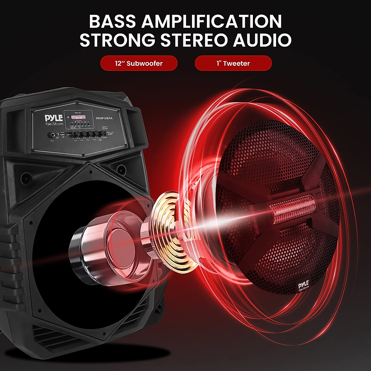 Pyle 12'' Portable Bluetooth Speaker System - 1000W Karaoke Speaker w/ LED Lights, USB/Micro SD/FM/BT/Aux/Remote Control/Mic & Guitar Inputs, Built-in Rechargeable Battery w/ Wheels & Handle Bar