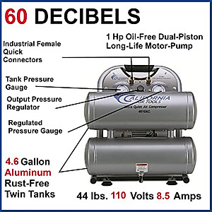 California Air Tools CAT-4610AC Ultra Quiet & Oil-Free 1.0 hp 4.6 gallon Aluminum Twin Tank Electric Portable Air Compressor, Silver