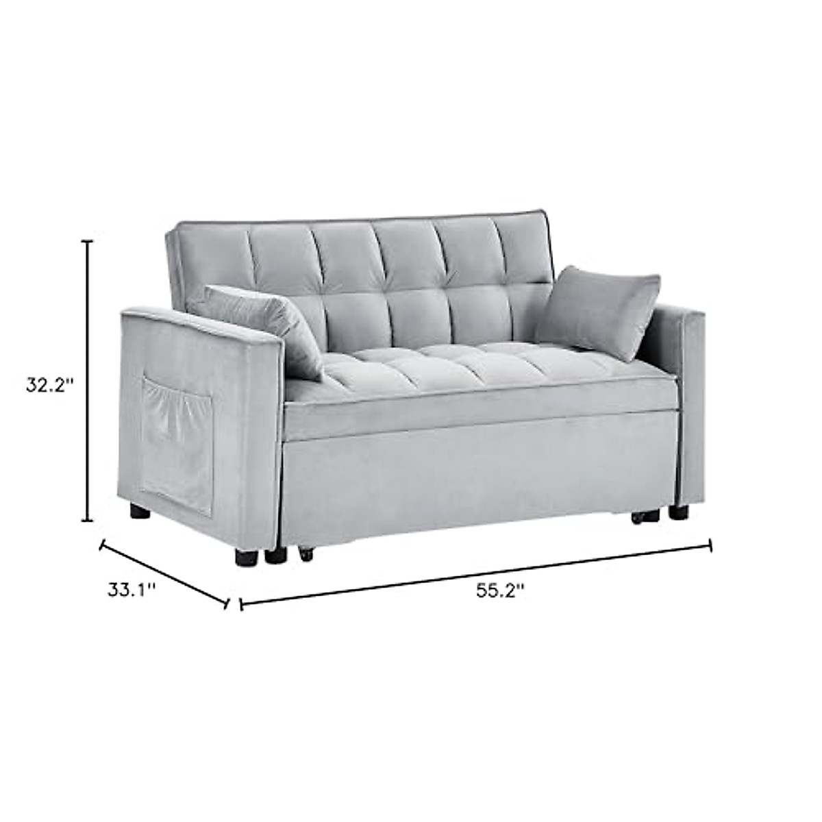 BIADNBZ 55" Convertible Loveseat Sleeper Sofa with Pull Out Bed, Modern Velvet Couch with Pillows & Side Pockets, Adjustable, for Small Space Living Room, Gray
