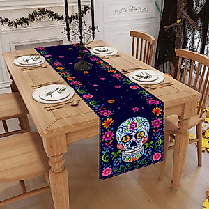 Linen Dia De Los Muertos Table Runner 72 Inches Long Day of The Dead Tablecloth Mexican Fiesta Themed Party Decorations and Supplies for Home Kitchen Dining Room Table