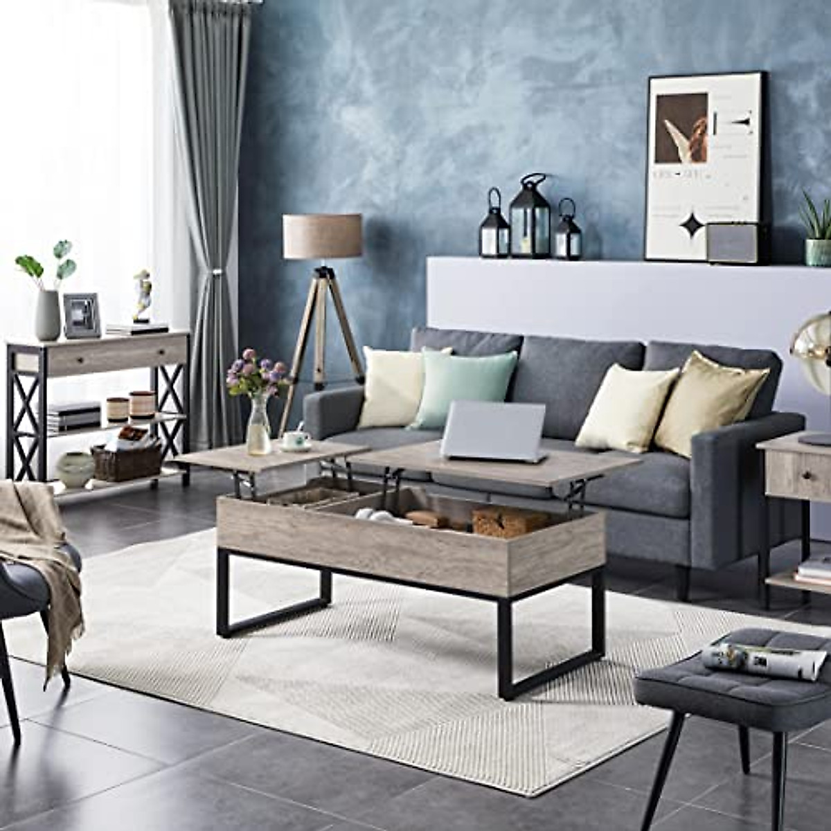 Yaheetech Lift Top Coffee Table with Hidden Storage Compartment, Farmhouse Wooden Center Table with 2 Way Raisable Tabletop & Gas Lift Mechanism for Living Room Reception Room,Gray