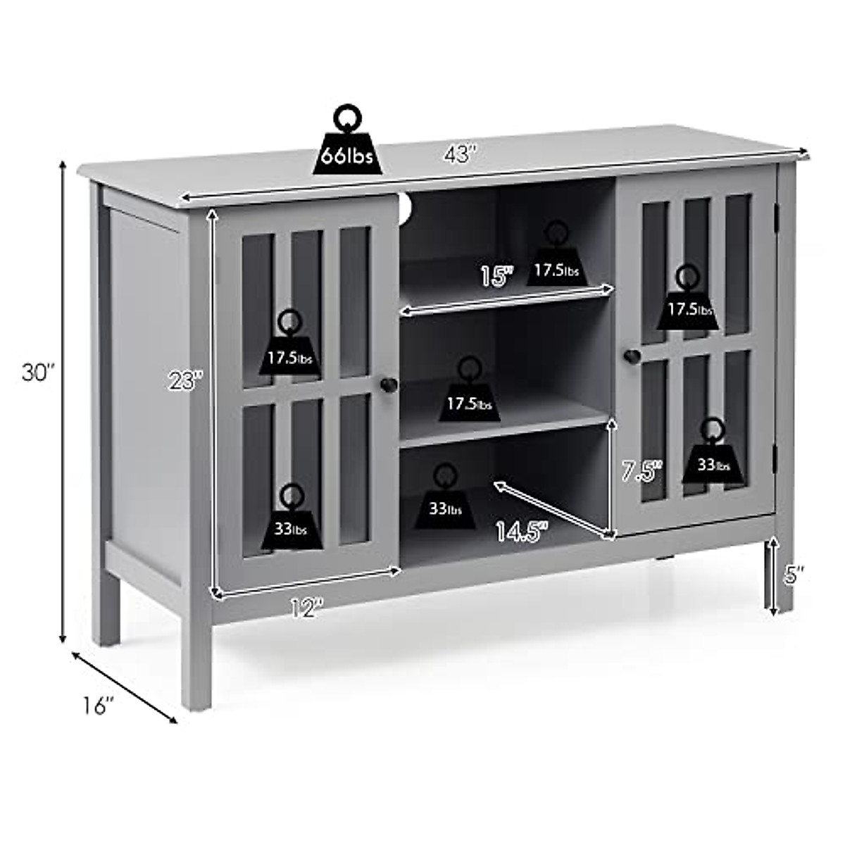 Tangkula TV Stand, Modern Tall Entertainment Center for TVs up to 50", Media Console w/2 Storage Cabinets & 3 Open Shelves, Wire Hole, Wood TV Console Table for Living Room, Grey