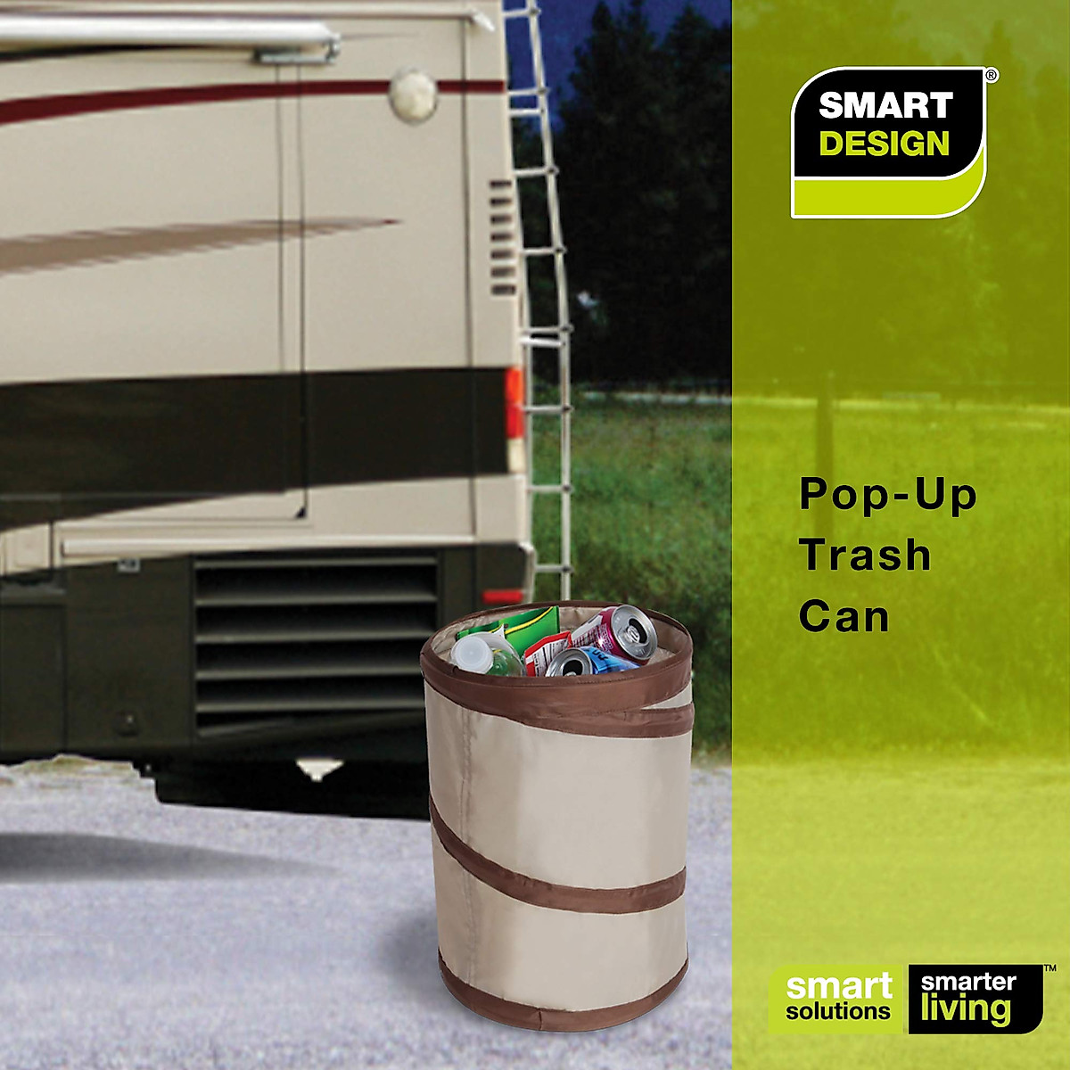 Smart Design Spiral Pop Up Trash Bin with Open Top - Easy to Clean Design - for Recyclables, Garbage, Paper Clutter, Trash Bin - Home - 9.5 x 13 Inch - Beige with Dark Brown Trim