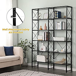 MELLCOM Double Wide 6-Tier Bookshelf, Industrial Open Large Bookcase, Wood and Metal Tall Bookshelves for Living Room Bedroom Office, Black