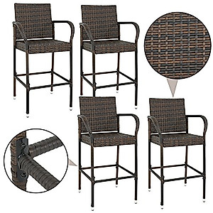 BBBuy Set of 4 Wicker Bar Stool All Weather Outdoor Backyard Rattan Chair Patio Furniture with Armrest and Footrest