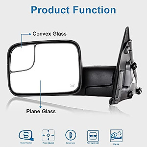 ECCPP Towing Mirrors fit 02-08 for Dodge for Ram 1500 03-09 for Dodge for Ram 2500 3500 Pickup Truck Power Heated Tow Folding Side View Black Mirror Pair Set Right Passenger and Left Driver Side