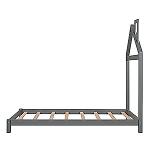 BIADNBZ Twin Size Platform Bed Frame with House-Shaped Headboard for Kids Boys Girls Bedroom, Wooden Slats Support, No Box Spring Needed, Gray