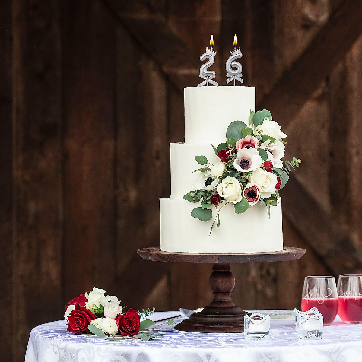 VSHILI 26 62 Birthday Candles, 26th 62nd Cake Candles, Silver Happy Birthday Number 26 62 Candles Cake Topper Decorations for Party Men Women