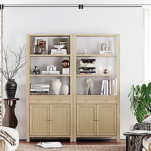 MECHYIN Bookshelf, Bookcase Rattan Boho, Tall 5 Tier Bookshelf Storage Cabinet with Doors and Shelves for Living Room, Bedroom, Kitchen& Library (2 Pieces)
