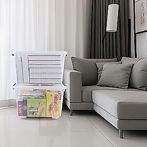 Sadstory 30 Quart Plastic Latch Storage Bin with Lid, Clear Latching Tote with Wheels, 4 Packs