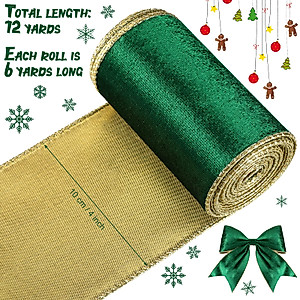 WILLBOND 2 Rolls Christmas Red Velvet Ribbon Wired Edge Trim Wrapping Fabric Christmas Ribbon for Gift Wrapping Bow Wedding Decoration Craft(4 Inch x 6 Yards,Green)