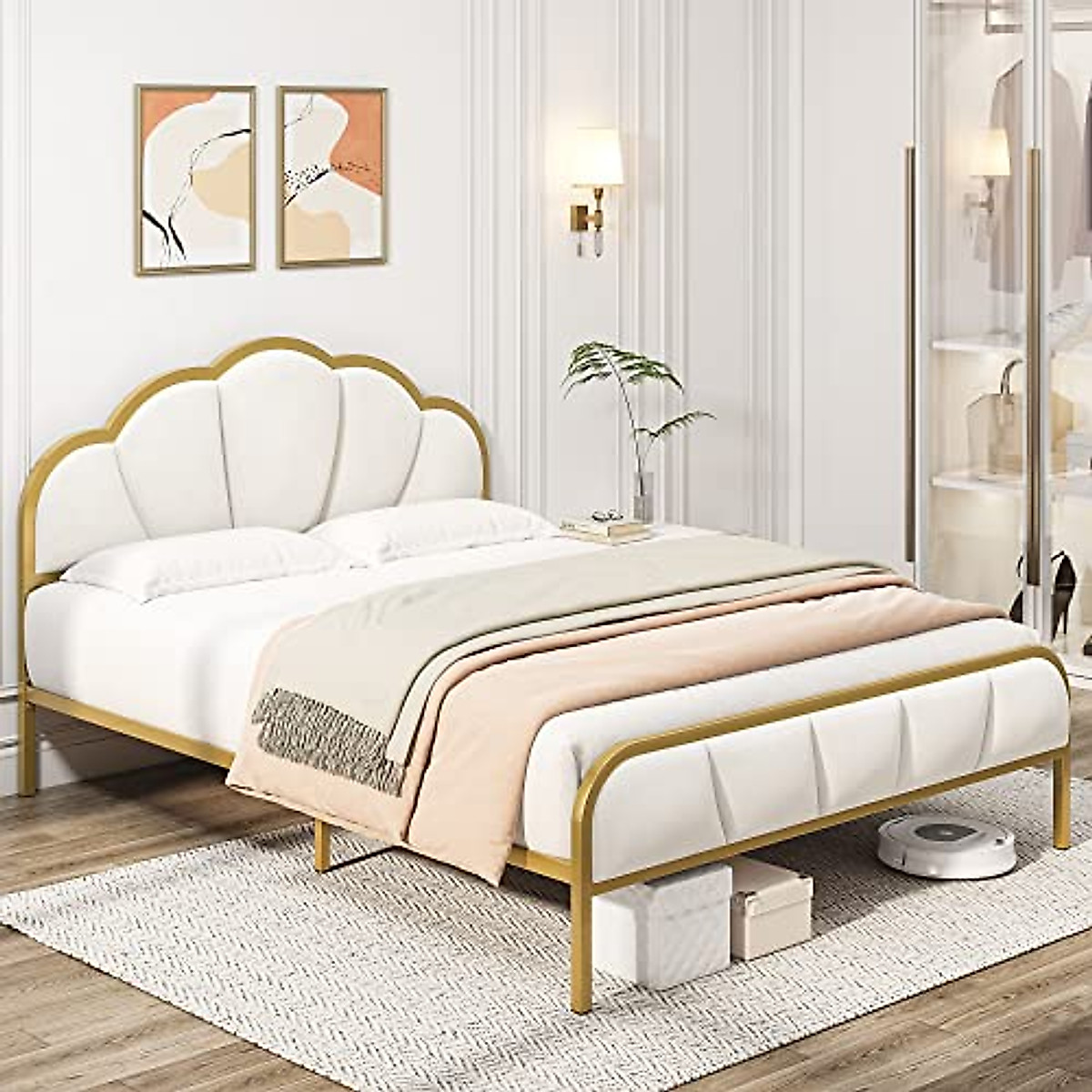 HIFIT Queen Upholstered Bed Frame with Elegant Flowers Headboard, Metal Platform Size Wooden Slats Support, No Box Spring Needed, Noise, Easy Assembly, Velvet, Beige