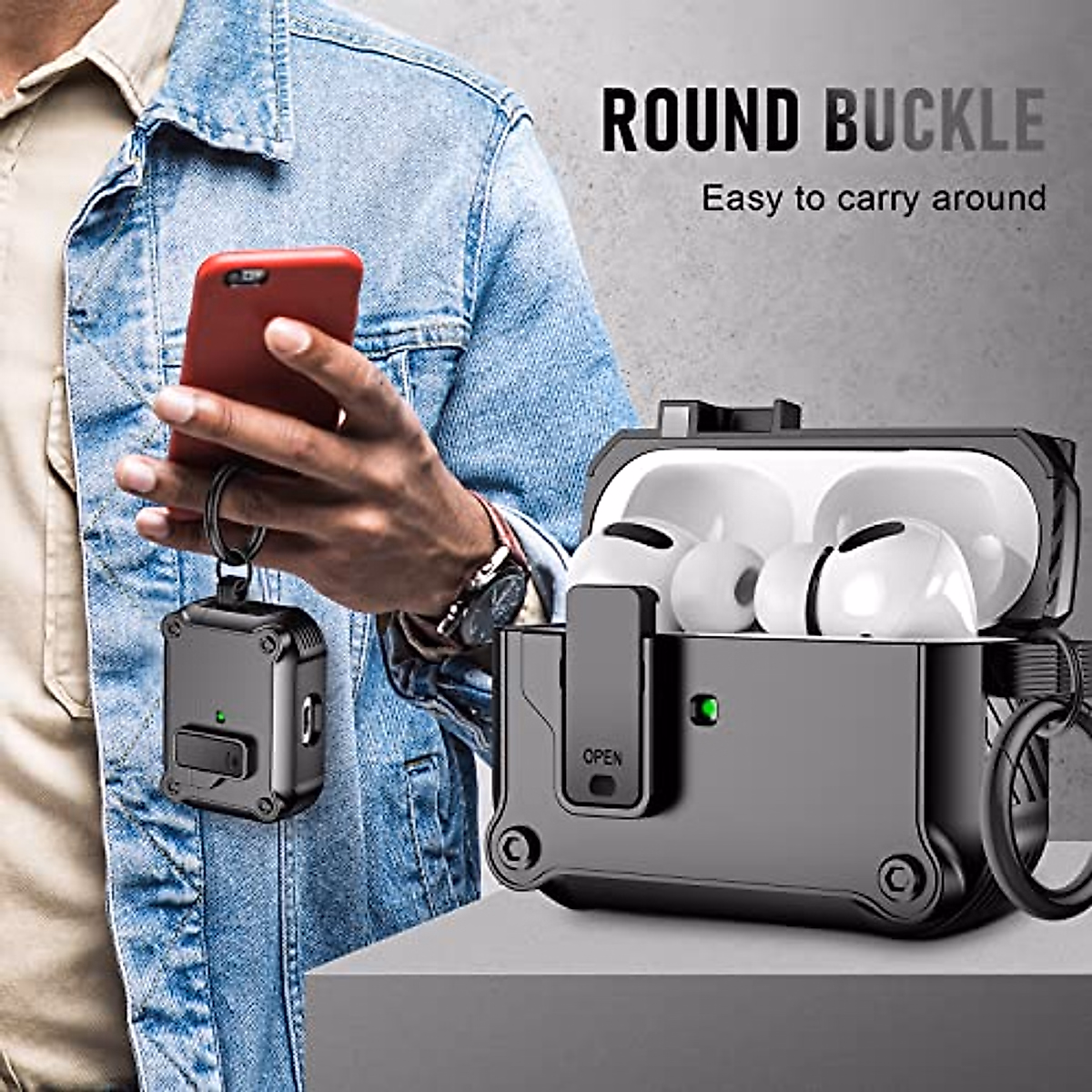 Valkit for Apple Airpods Pro Case Cover with Secure Lock Clip Carbon Fiber Hard Shell AirPod Pro Case with Keychain for Men Women Cool Air Pod Pro Shockproof Protective Case for AirPods Pro 2019,Black