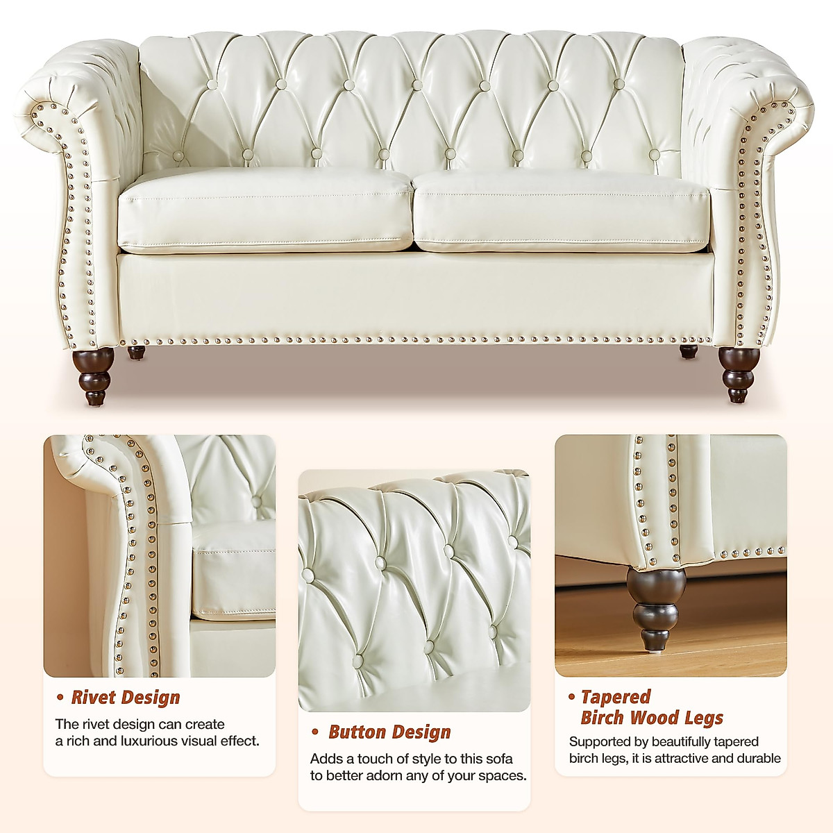 3 Piece Living Room Set, Chesterfield Faux Leather Sofa Loveseat Couch Chair with Scroll Arms and Nailhead for Living Room, Office (White)